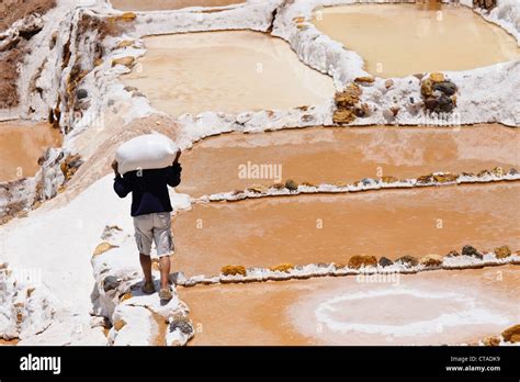 A Man Carrying A Bag Of Salt Past Salt Evaporation Pans Near Maras