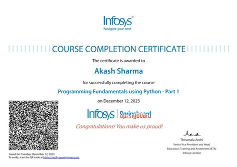Completed Python Course By Infosys Springboard Akash Sharma Posted On