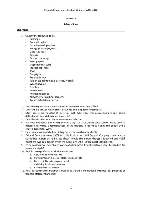 fsa tutorial 2 fall 2021 tutorial 2 balance sheet questions classify