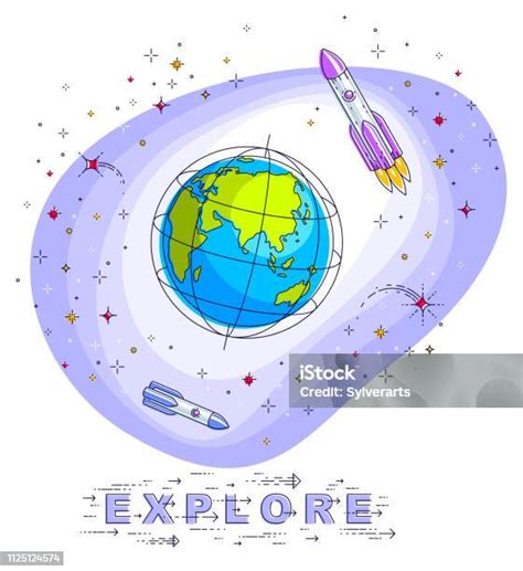 소행성 로켓 유성 별 및 다른 요소에 의해 포위 하는 끝 없는 공간에 작은 지구 우주 과학 테마입니다 얇은 선 3d 벡터 그림은