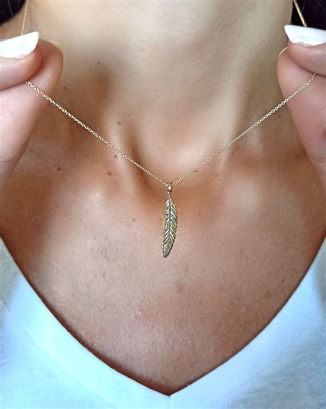 Feather Necklace14k Gold Feather Necklacesolid Gold Feather Etsy