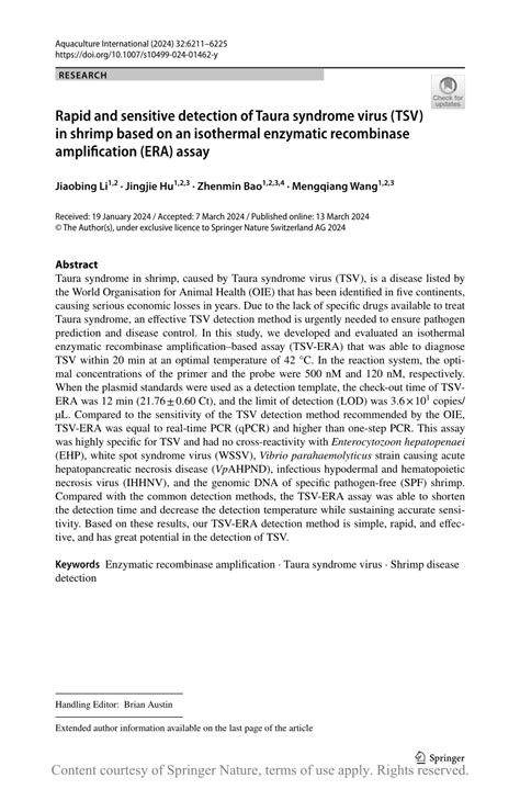Rapid And Sensitive Detection Of Taura Syndrome Virus Tsv In Shrimp Based On An Isothermal