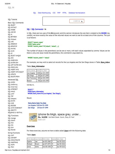 Sql In Statement 1keydata Pdf Sql Data Management