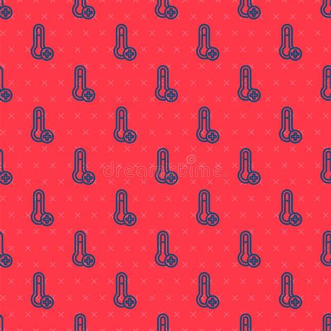 Blue Line Meteorology Thermometer Measuring Icon Isolated Seamless Pattern On Red Background