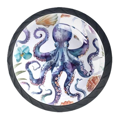 4 Pack Black Drawer Knobs Watercolor Octopus Shells Cabinet Knobs Round Glass Knobs For Kitchen