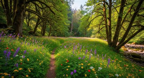 Winding Path Through Wildflower Meadow In Forest Wildflowers 70163121