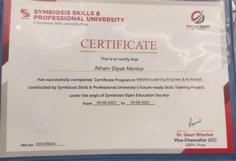 Atharv Menkar On Linkedin Machinelearning Al Certified Neverstoplearning Symbiosis