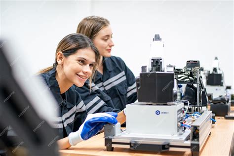 Premium Photo Female Engineer Check And Control Automation Robot Arms Machine In Intelligent