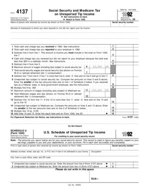 Irs Form 4137 On Unreported Tip Income Blank Fillable Template Fill