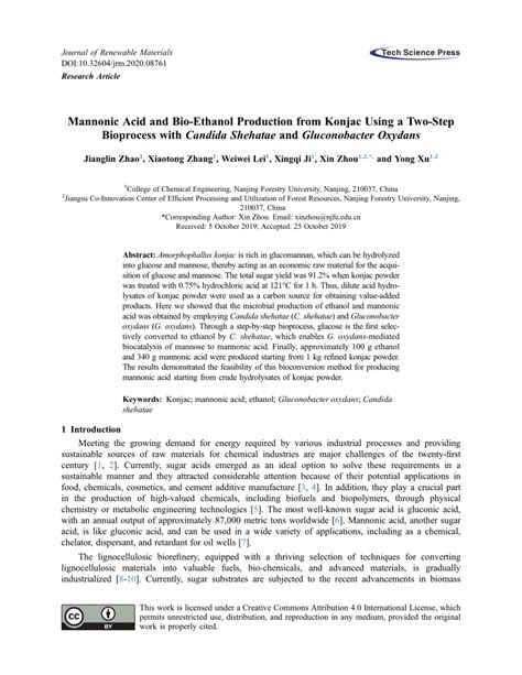 Pdf Mannonic Acid And Bio Ethanol Production From Konjac Using A Two Step Bioprocess With