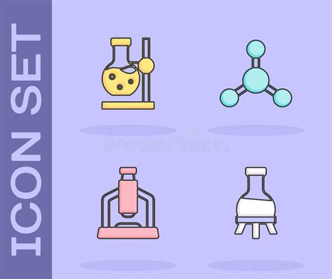 Set Test Tube Flask On Stand Microscope And Molecule Icon Vector Stock Illustration