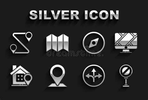 Set Location Monitor With Location Marker Stop Sign Road Traffic House Compass Route And