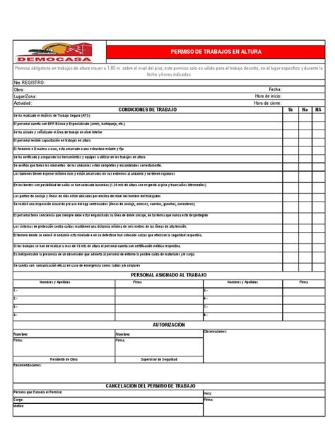 Formato Permiso De Trabajo En Altura Pdf