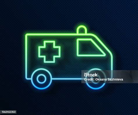 빛나는 네온 라인 구급차와 파란색 배경에 고립 된 비상 차 아이콘 구급차 차량 의료 대피 벡터 1위에 대한 스톡 벡터 아트 및