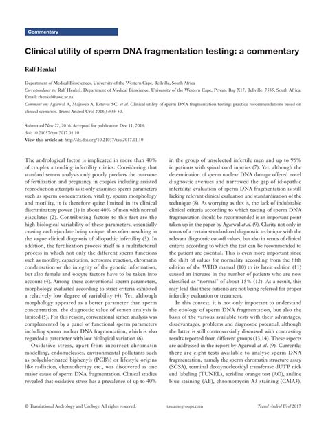 Pdf Clinical Utility Of Sperm Dna Fragmentation Testing A Commentary