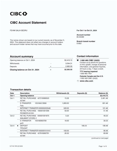 CIBC Bank Statement PDF Template 3nur Com