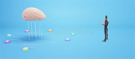 Hacker In Hoodie Using Laptop With Abstract Human Brain Connected To