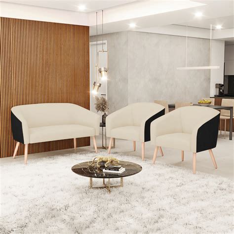 Kit 01 Namoradeira 02 Lugares E 02 Poltronas Stella Corano Preto Com Linho Areia A27 Pés Palito