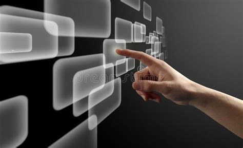 touch screen interface finger pressing a button on a touch screen