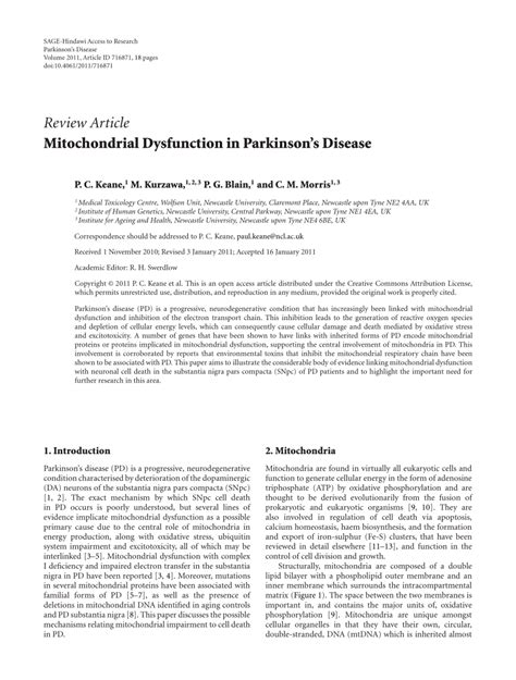 Pdf Mitochondrial Dysfunction In Parkinsons Disease