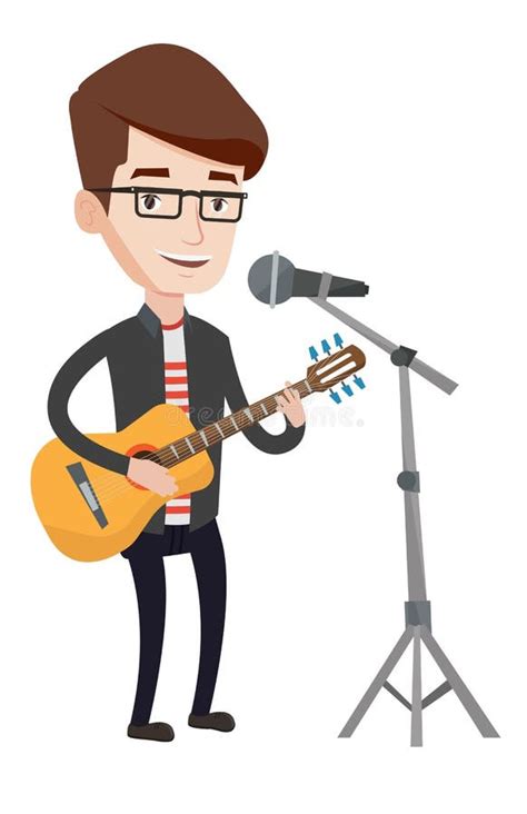 Man Som Sjunger I Mikrofon Och Spelar Gitarren Vektor Illustrationer Illustration Av Konstnär