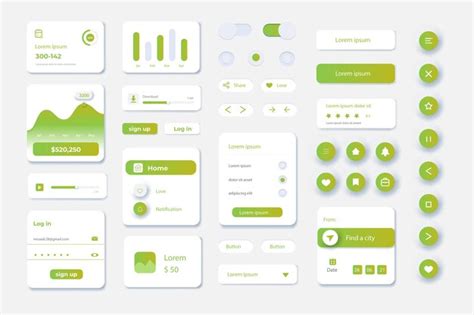 그라데이션 색상과 사실적인 그림자를 사용한 앱 및 웹 사이트 ui 디자인을 위한 ui ux 키트 프리미엄 벡터