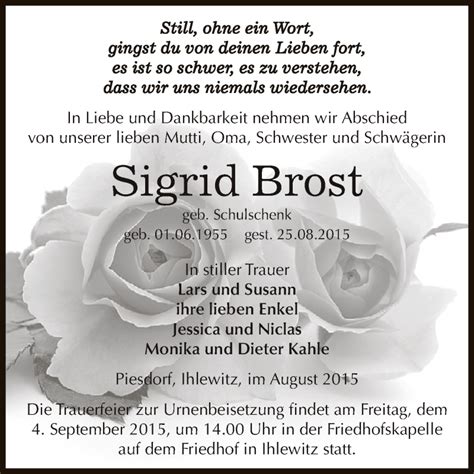 Traueranzeigen Von Sigrid Brost Abschied Nehmen De