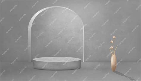 Vasevector 배경에 3d 연단 모형 금 꽃 봉오리가 있는 회색 콘크리트 스튜디오 룸은 뒷벽에 조명이 있고 거친 회색 시멘트 바닥 산업 인테리어 배경이 있는 현대적인