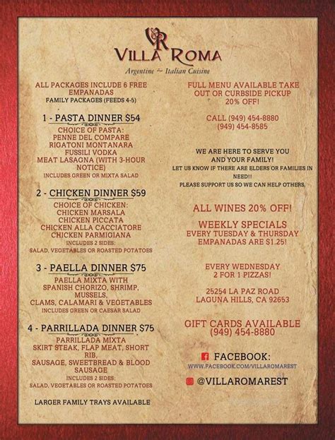 Menu Of Villa Roma Ristorante In Laguna Hills Ca 92653