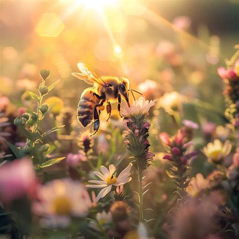 A Bee On A Beautiful Flower Generated By Artificial Intelligence Stock