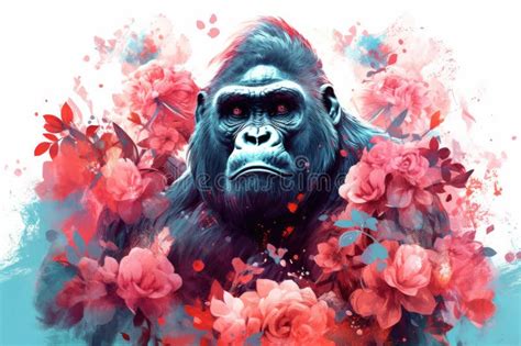 Watercolor Gorilla Portrait Among Colorful Flowers Extreme Closeup Generative Ai Stock