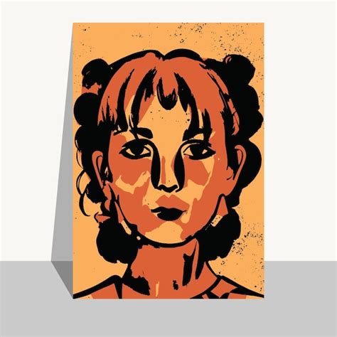 여자 초상화 Linocut 포스터 예술적 템플릿 프리미엄 벡터
