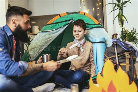 Dad With His Son Camp Inside Their Home Stock Image Image Of Night Camp 268290861