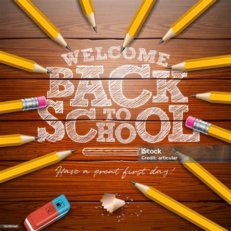 빈티지 나무 질감 배경에 흑연 연필과 타이포그래피 문자가 있는 학교 디자인으로 돌아갑니다 인사말 카드 배너 전단지 초대장 브로셔 또는 홍보 용 포스터에 대한 벡터 학교 그림