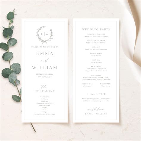 Wedding Program Template Monogram Elegant Ceremony Program Instant