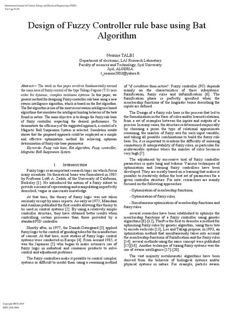 Design Of Fuzzy Controller Rule Base Using Bat Algorithm Nesrine Talbi