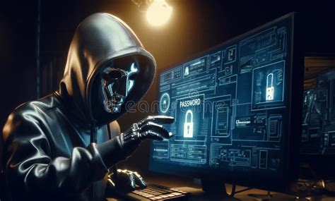 A Hacker in a Hooded Sweatshirt, Grabs the Word Password on a Computer ...