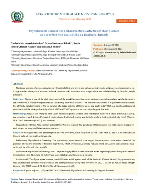 Pdf Phytochemical Examination And Antibacterial Activities Of Thyme Leaves And Their Use With