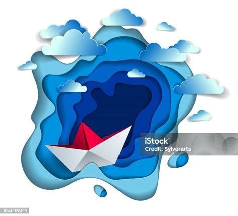 종이 접기 종이 배 장난감 수영 파도 바다와 하늘에 구름에 떠 있는 장난감 보트와 아름 다운 바다 경치의 아름 다운 벡터 일러스트 레이 션 물 여행 여름 휴가 3차원 형태에