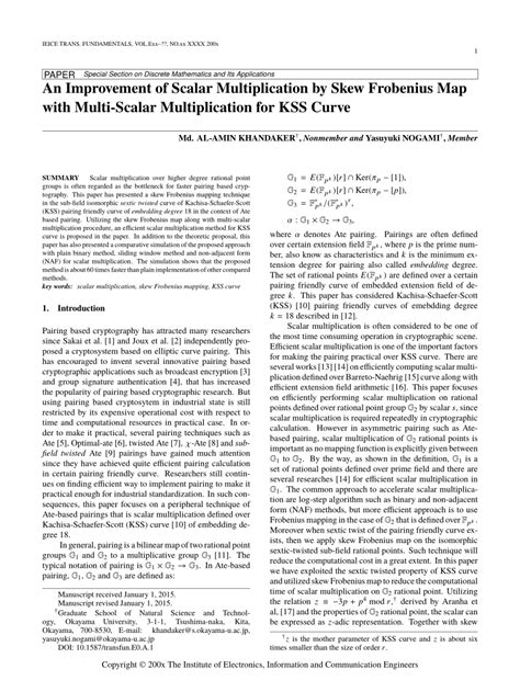 PDF An Improvement Of Scalar Multiplication By Skew Frobenius Map With Multi Scalar