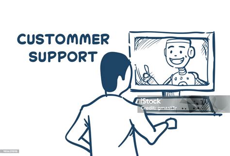 지원 센터 로봇 에이전트 컴퓨터 인공 지능 클라이언트 온라인 연산자 고객 및 기술 서비스 아이콘 채팅 개념 흰색 배경 스케치 콜 센터에 대한 스톡 벡터 아트 및 기타 이미지