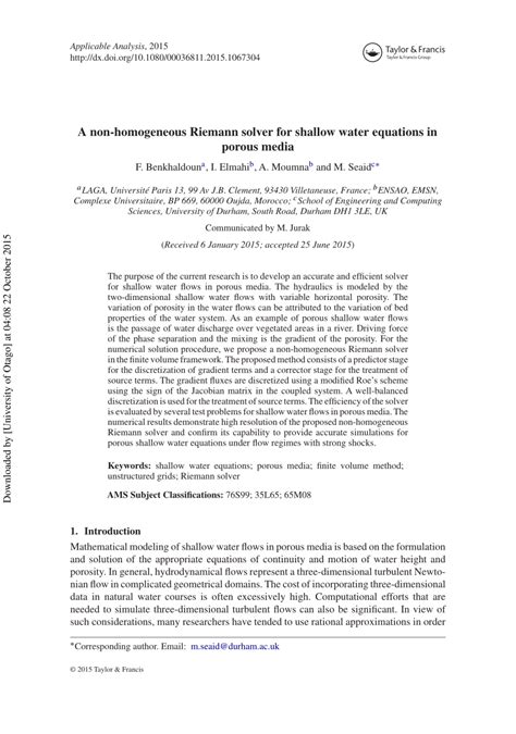Pdf A Non Homogeneous Riemann Solver For Shallow Water Equations In Porous Media