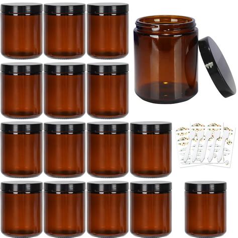 8 Oz Amber Glass Jars With Plastic Lids 15 Pack 240ml Round Empty