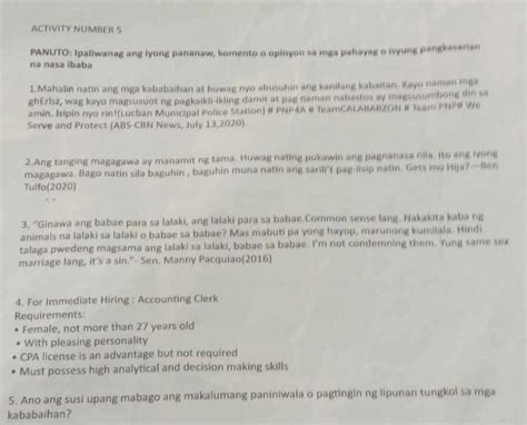 ACTIVITY NUMBER 5 PANUTO Ipaliwanag Ang StudyX