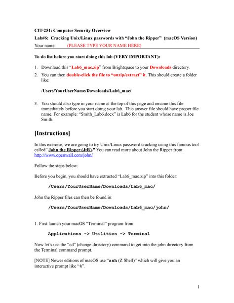 Lab6 Lab 6 CIT 251 Computer Security Overview Lab 6 Cracking Unix Linux Passwords With