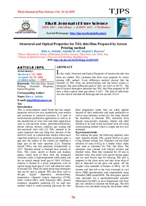 Pdf Structural And Optical Properties For Tio2 Thin Films Prepared By