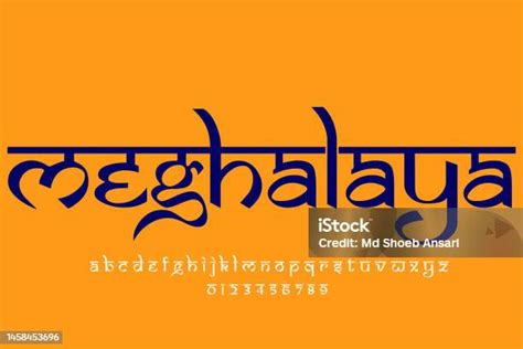 인도 주 메갈라야 텍스트 디자인 인도 스타일의 라틴 글꼴 디자인 Devanagari에서 영감을 받은 알파벳 문자 및 숫자 삽화 개체 그룹에 대한 스톡 벡터 아트 및 기타