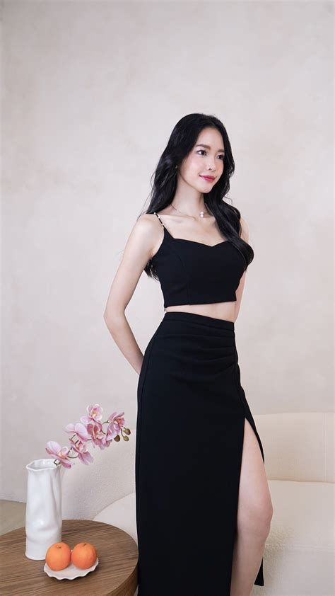 Dahlia Queen Anne Neckline Pearl Strap Top In Black Mikayla