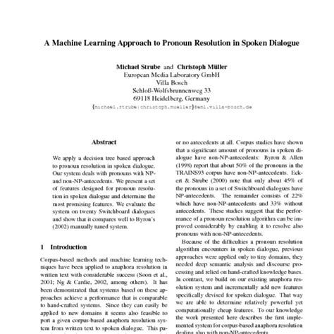 A Machine Learning Approach To Pronoun Resolution In Spoken Dialogue Acl Anthology