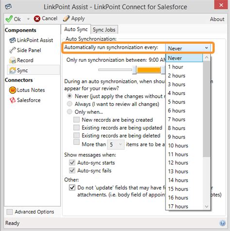 Configuring LinkPoint Connect Auto Sync Settings IBM Notes Salesforce Knowledge Base